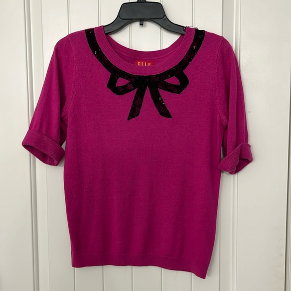 Elle | Sweaters | Elle Hot Pink Sweater With Black Lace Bow | Poshmark